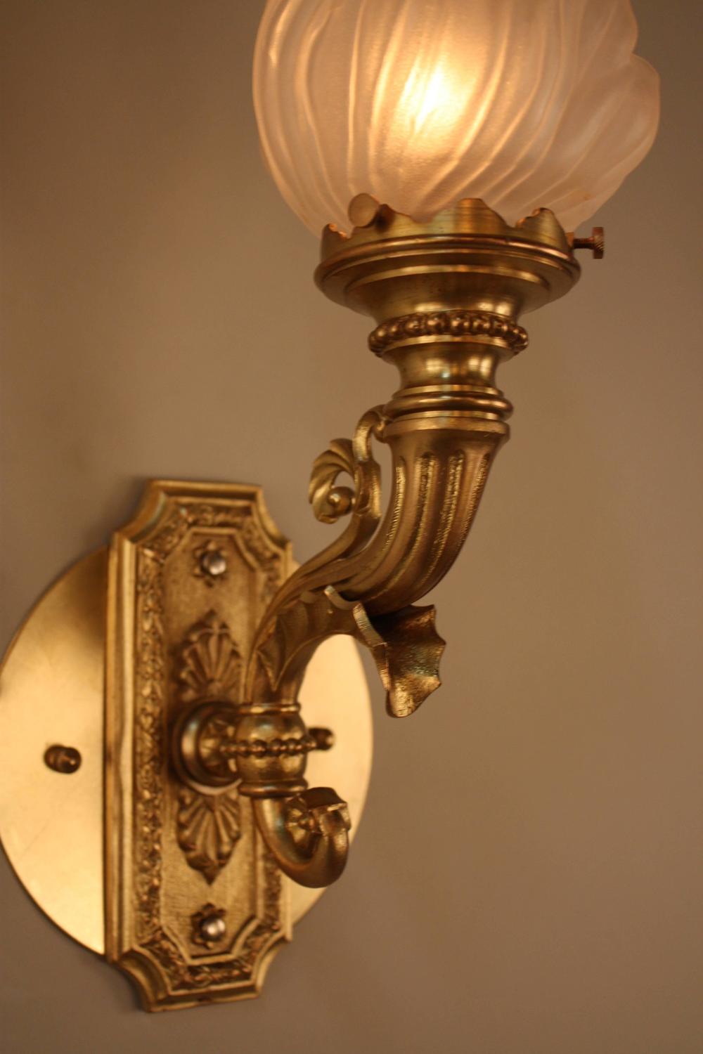 Pair of Bronze Torch Flame Glass Wall Sconces For Sale at 1stdibs
