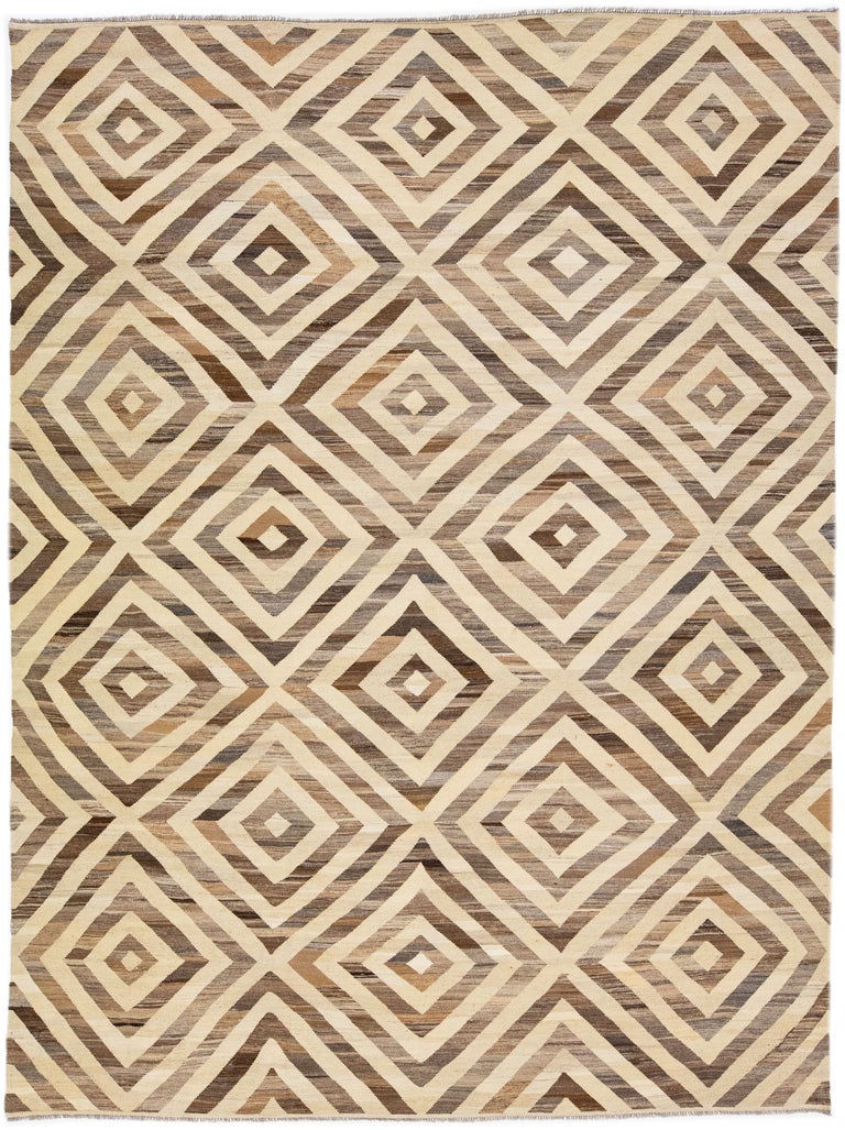 Modern Geometric Kilim Handmade Wool Rug In Beige and Brown For Sale at ...