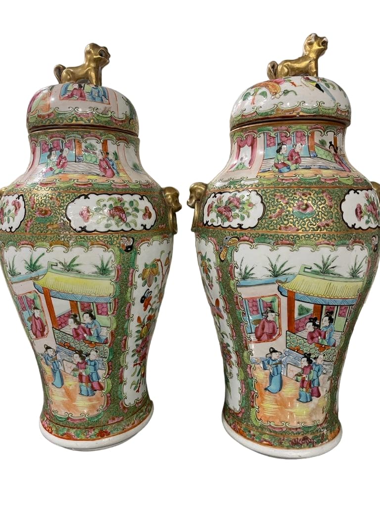 19th Century Pair of Refined CHINESE polychrome CANTON covered VASES ...