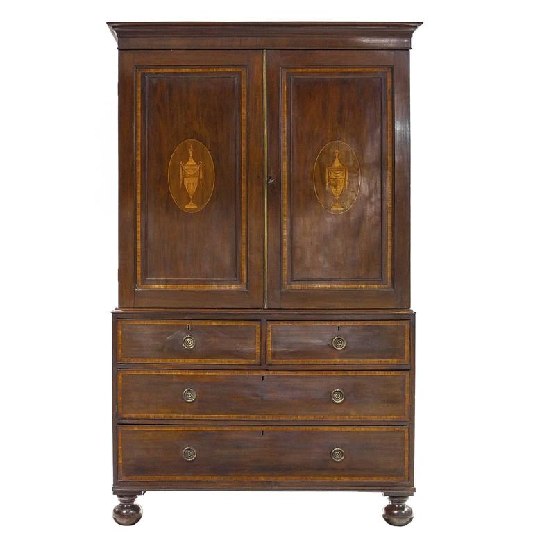 19th Century Sheraton Mahogany Inlaid Linen Press at 1stDibs