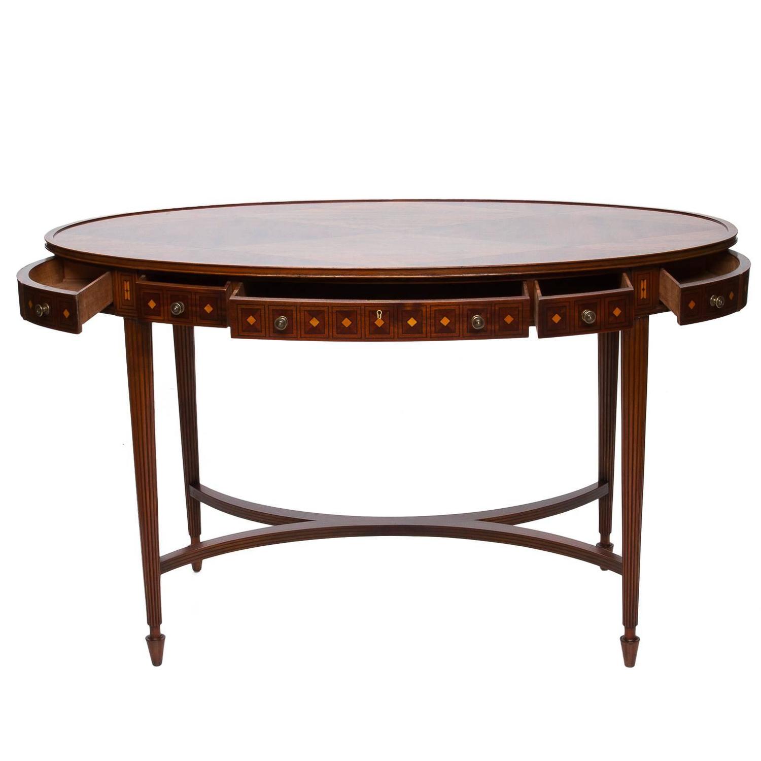 Vintage English Inlaid Oval Writing Desk For Sale at 1stdibs