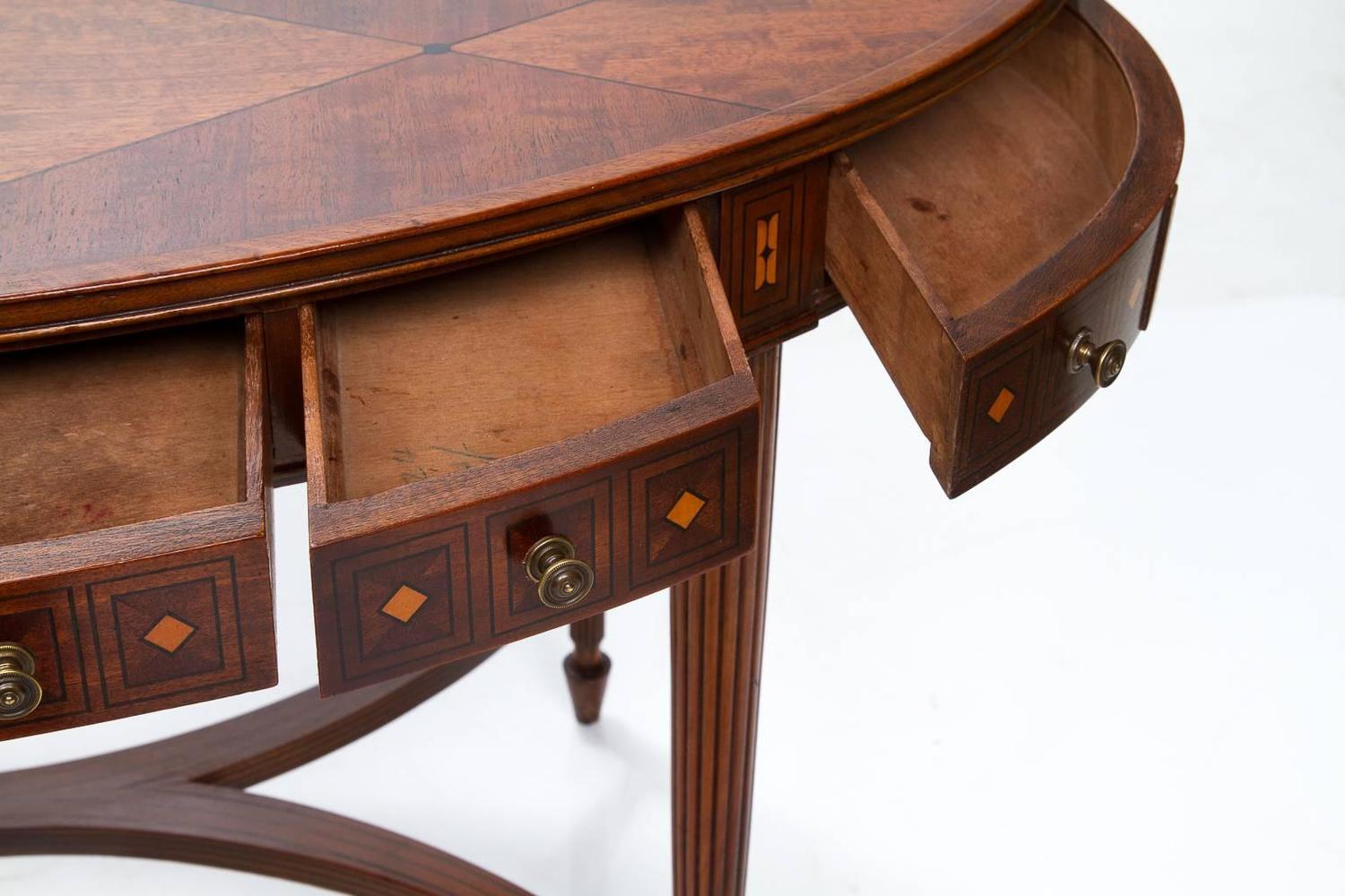 Vintage English Inlaid Oval Writing Desk For Sale at 1stdibs