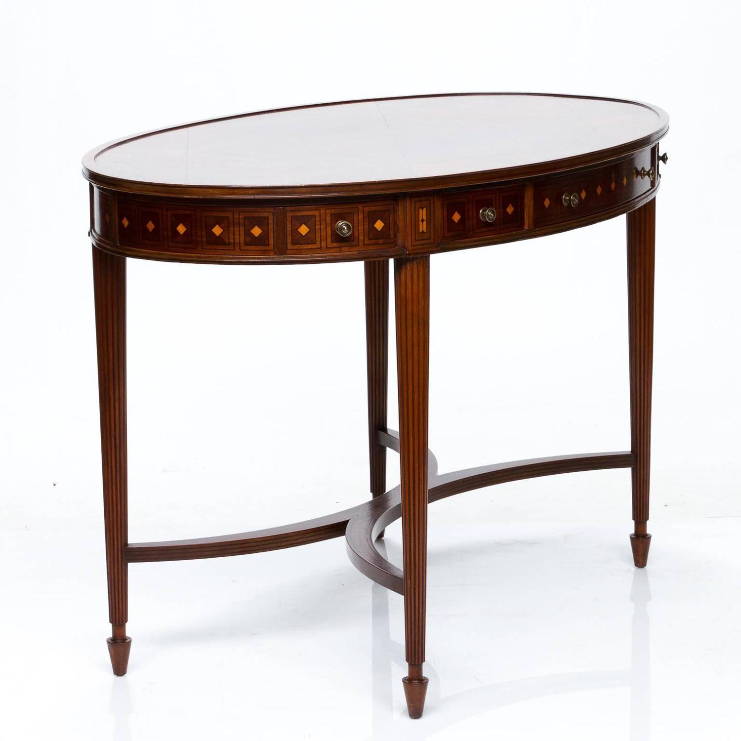 Vintage English Inlaid Oval Writing Desk For Sale at 1stdibs