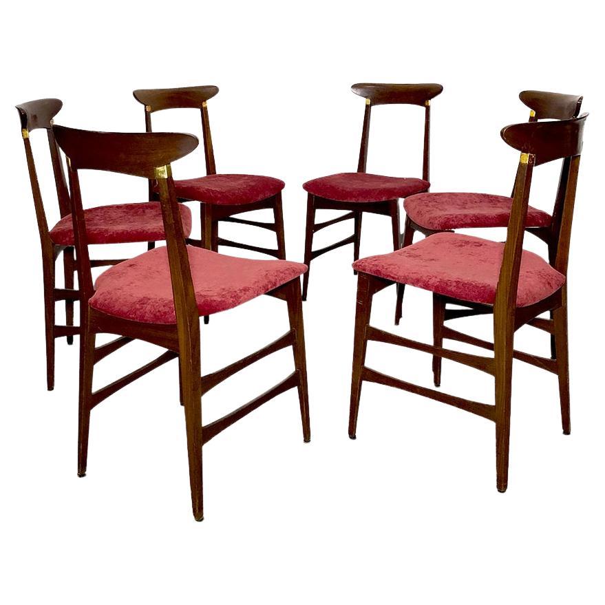 Set of 6 Italian chairs, late 1950s in solid mahogany and brass details ...