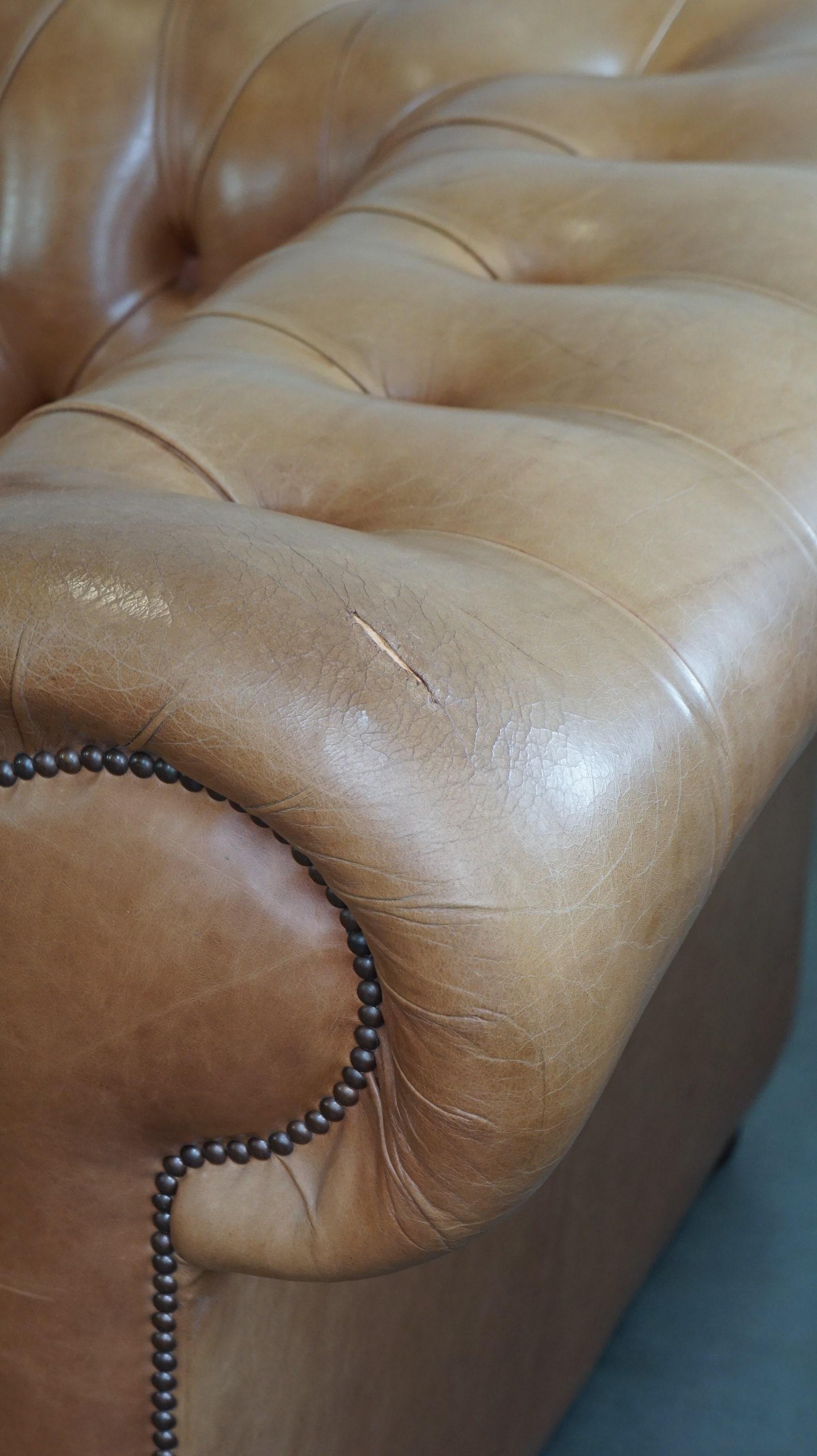 Light brown/cream-colored cowhide leather English 2.5-seater Chesterfield For Sale at 1stDibs