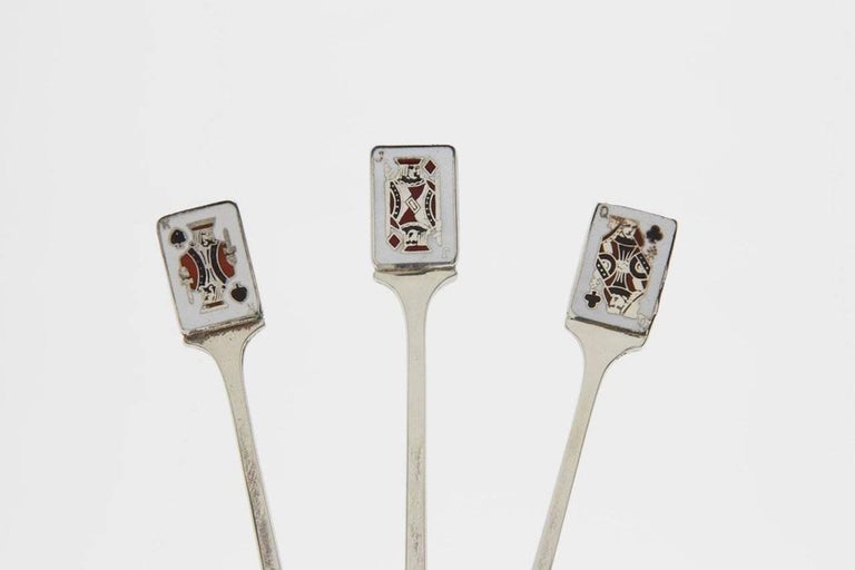 Set of Sterling and Enamel Playing Card Cocktail Sticks at 1stDibs