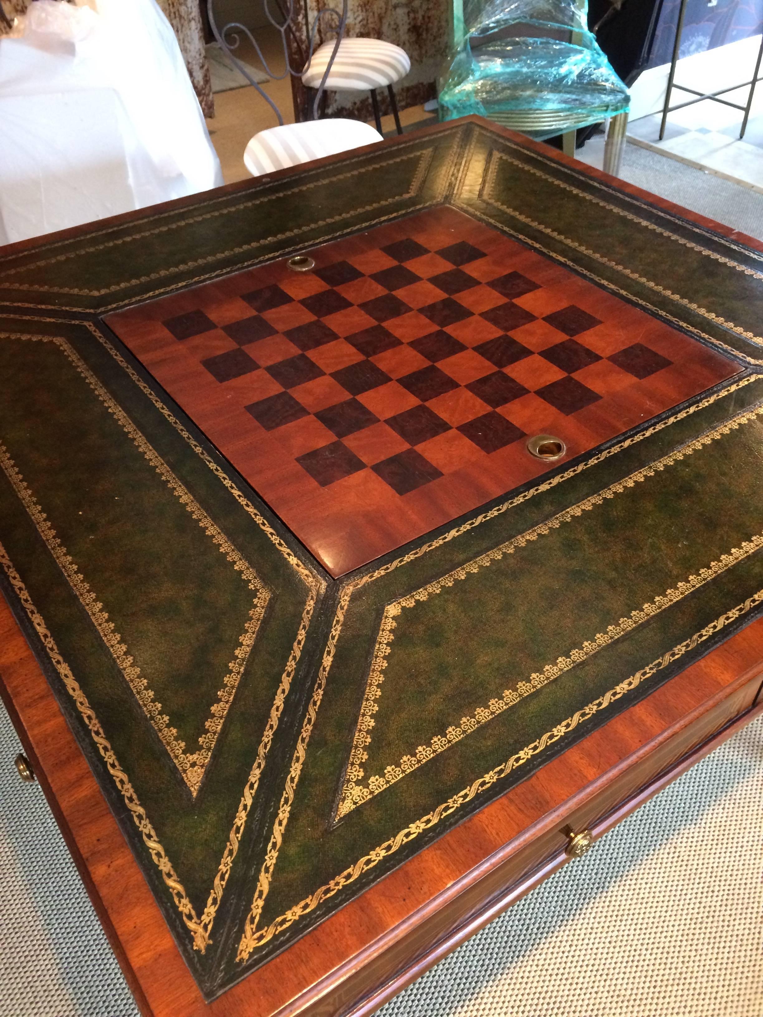 Gorgeous Inlaid and Tooled Leather Game Table at 1stDibs