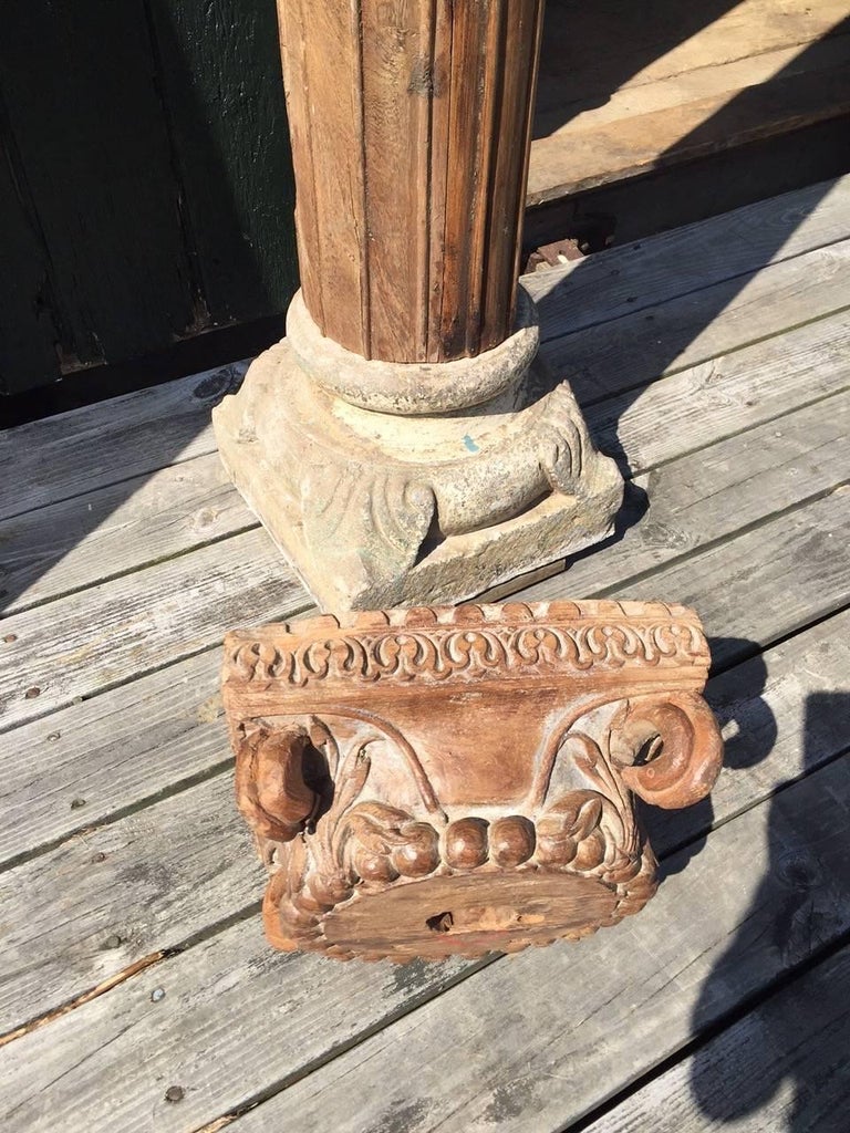 Monumental Solid Wood Carved Columns with Stone Bases at 1stDibs