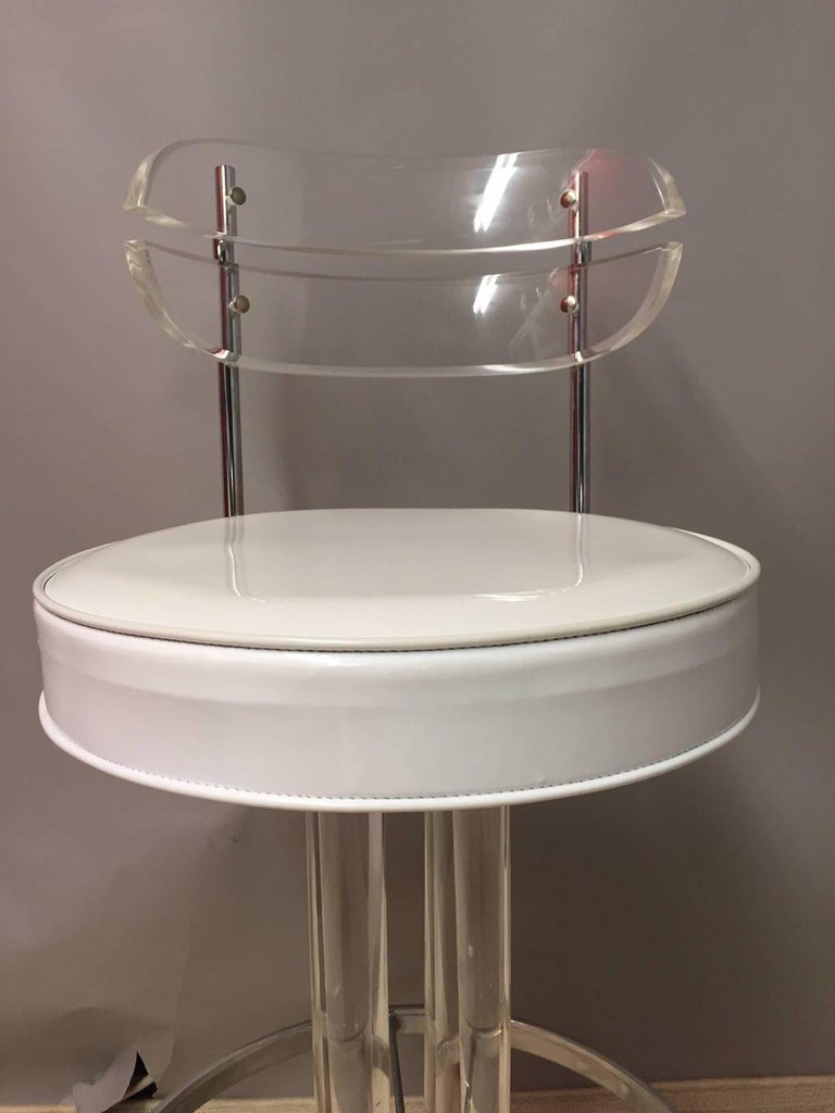 Glamorous Pair of Lucite, Chrome and Patent Leather Bar Stools at 1stDibs