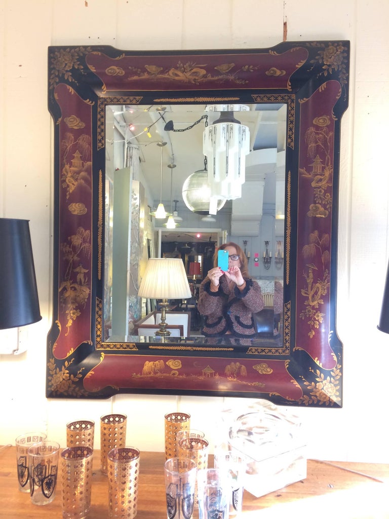 Elegant Chinoiserie Style Hand-Painted Mirror at 1stDibs