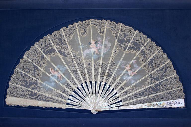 French 19th Century, Mother of Pearl Hand-painted Lace Fan For Sale at ...