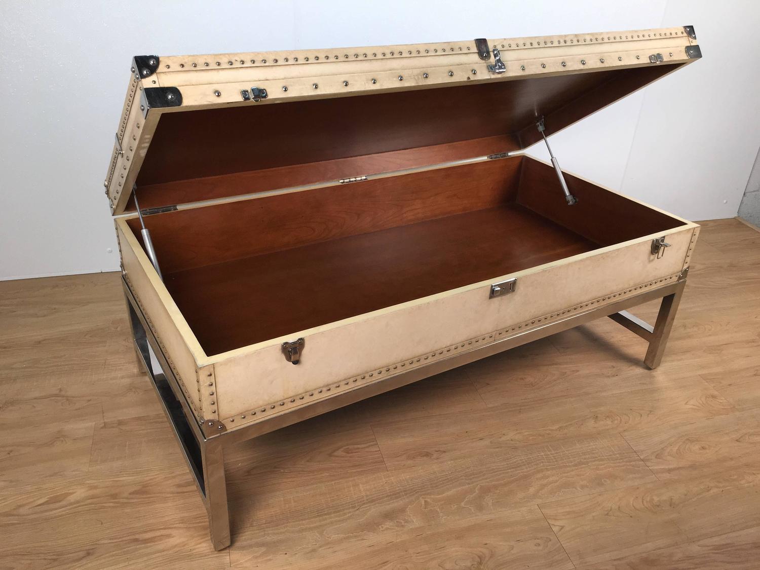 Campaign Style Parchment Trunk on Stand For Sale at 1stdibs