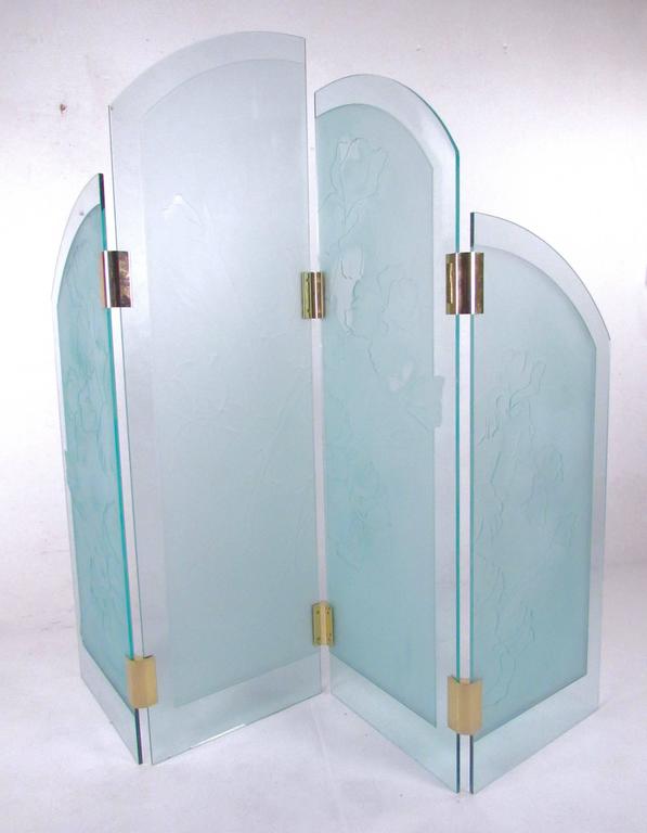 Vintage Four-Panel Etched Glass Screen with Floral Motif at 1stDibs