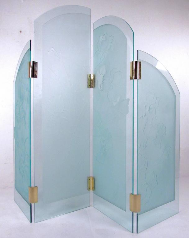 Vintage Four-Panel Etched Glass Screen with Floral Motif at 1stDibs