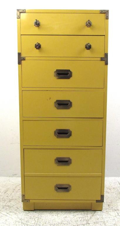 Yellow Lacquered Campaign Chest of Drawers For Sale at 1stDibs