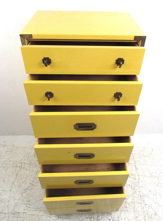 Yellow Lacquered Campaign Chest of Drawers For Sale at 1stDibs