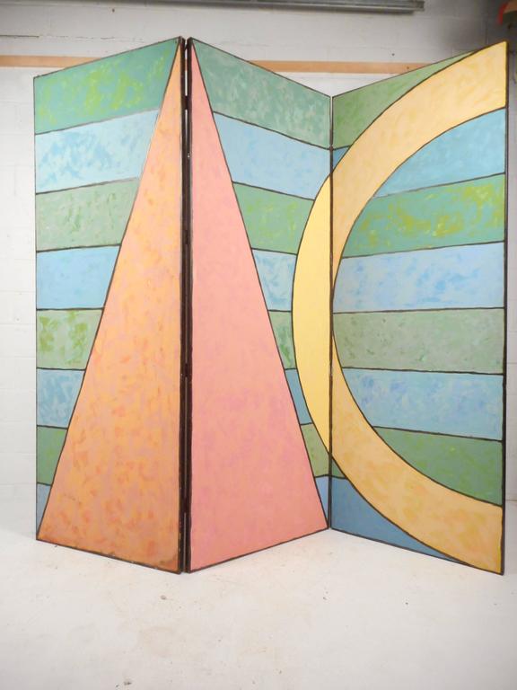 Large Mid-Century Modern Painted Room Divider Three Panel Screen at 1stDibs
