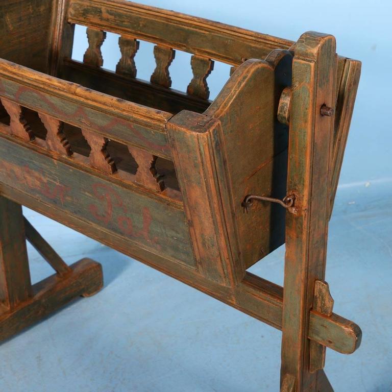 Antique Cradle with Original Green Paint, Dated 1893 at 1stDibs