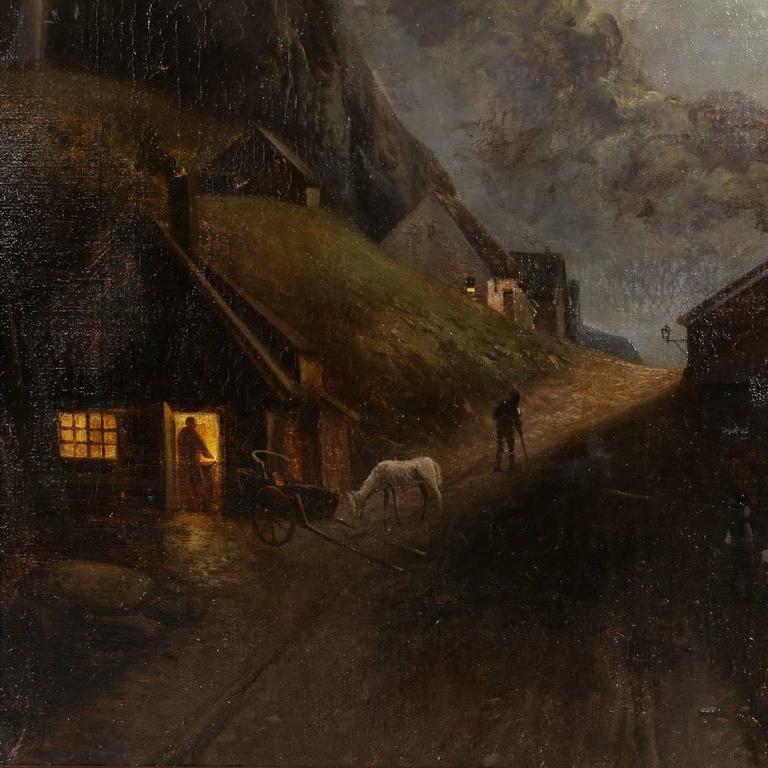 Antique Danish Painting on Canvas of a Moonlit Fishing Village, circa ...