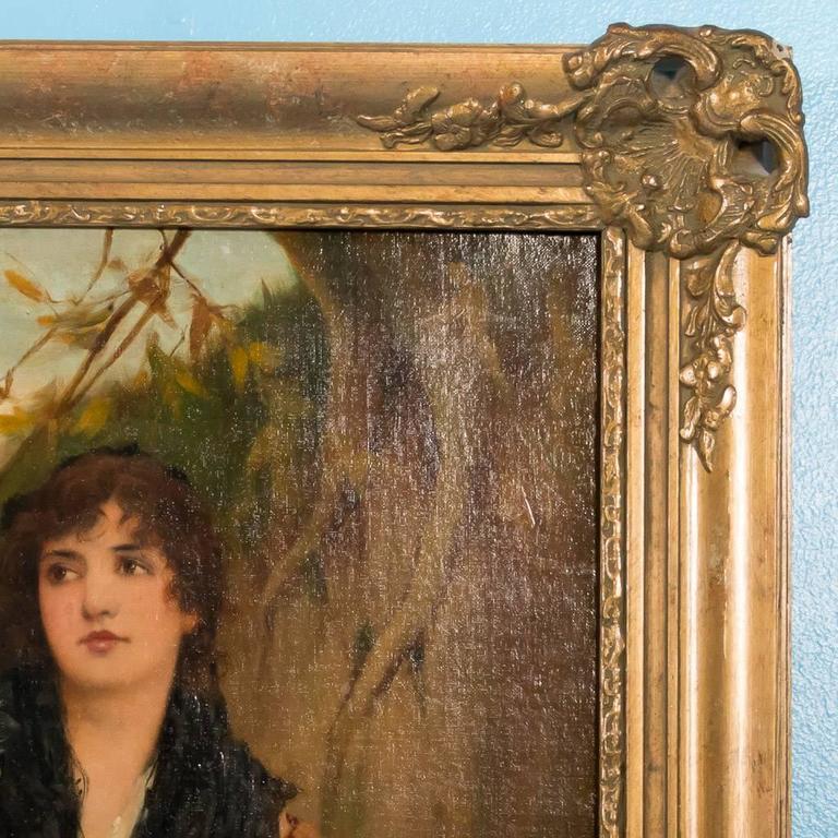 Antique Original Oil Painting, Young Woman Holding Flower, William ...