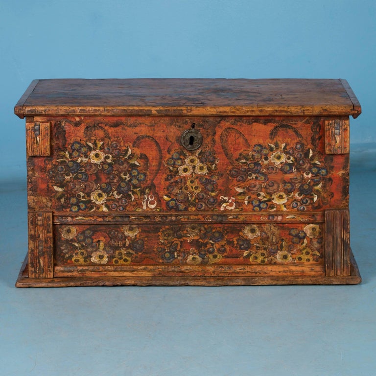 Antique Romanian Trunk with Original Folk Art Paint at 1stDibs