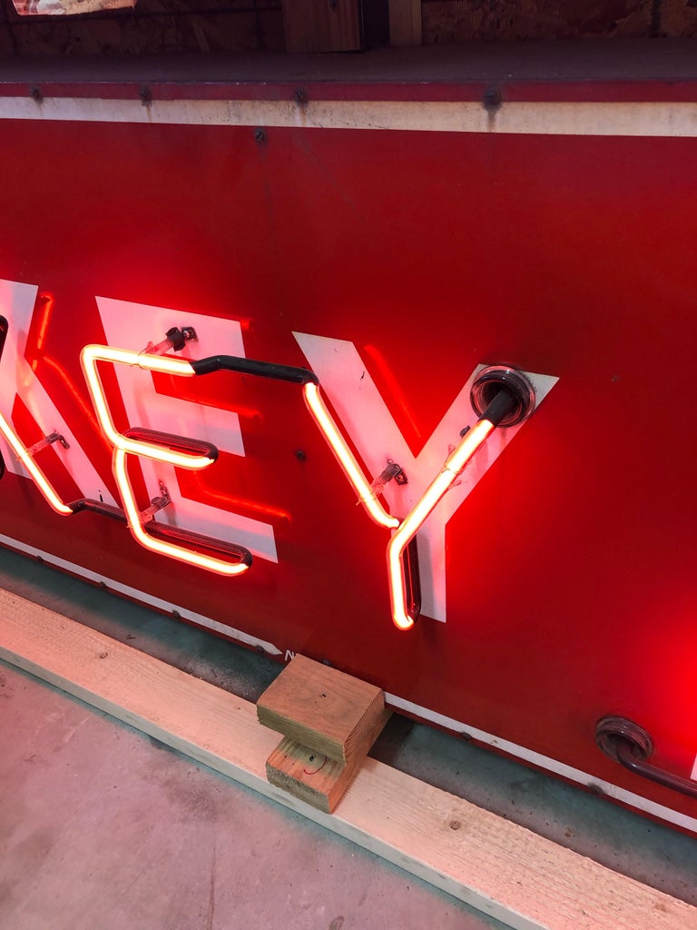 Vintage Neon and Porcelain Whiskey Sign For Sale at 1stDibs