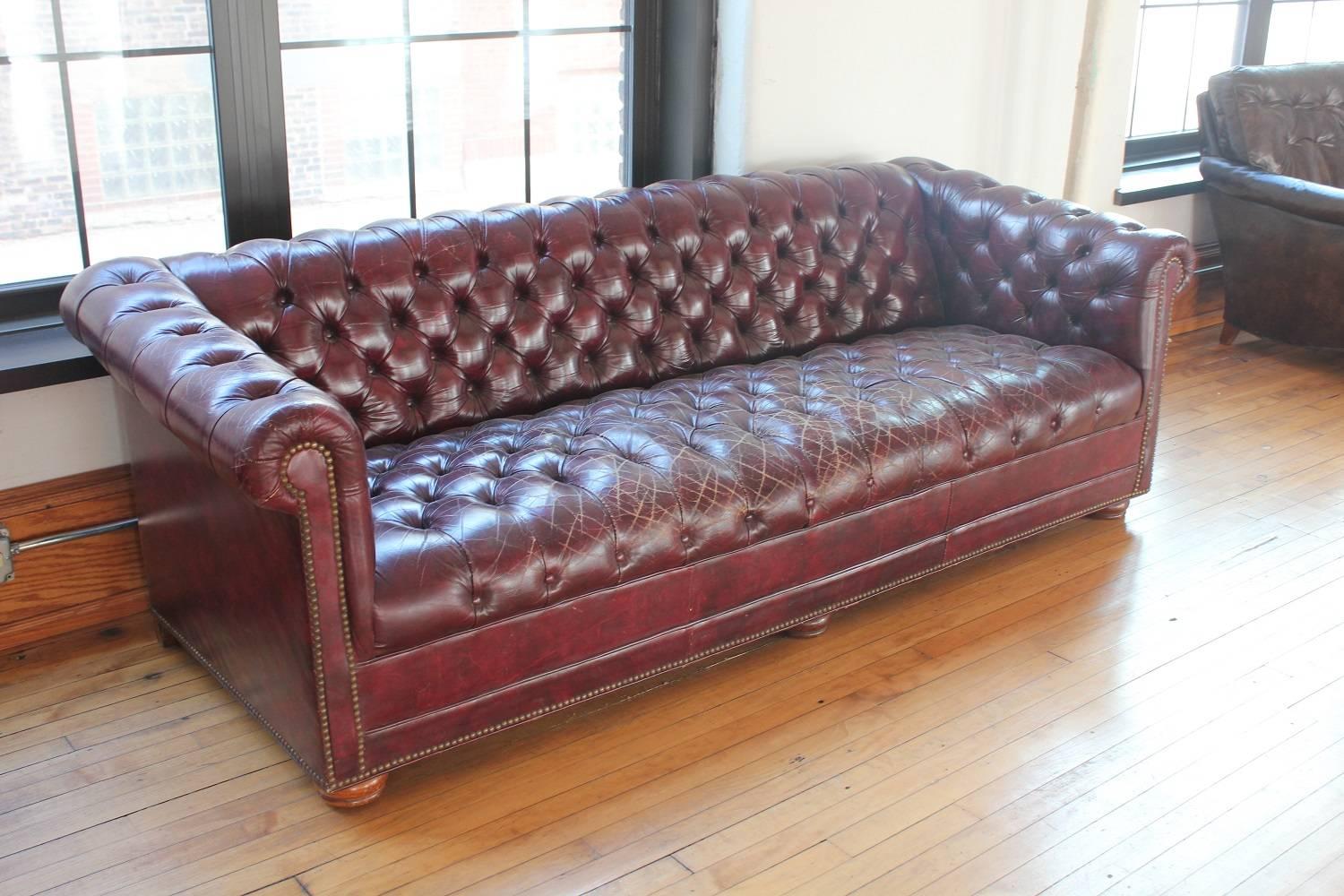 Vintage Distressed Burgundy Leather Chesterfield Sofa For Sale at ...