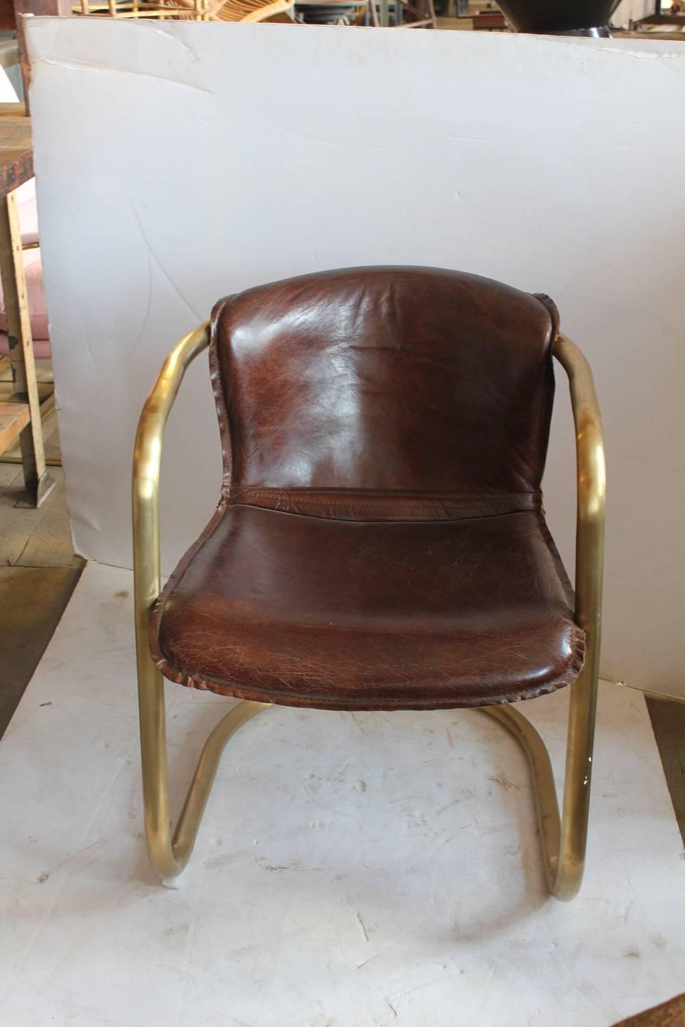 Stylish Midcentury Brass and Leather Side or Desk Chair at 1stdibs