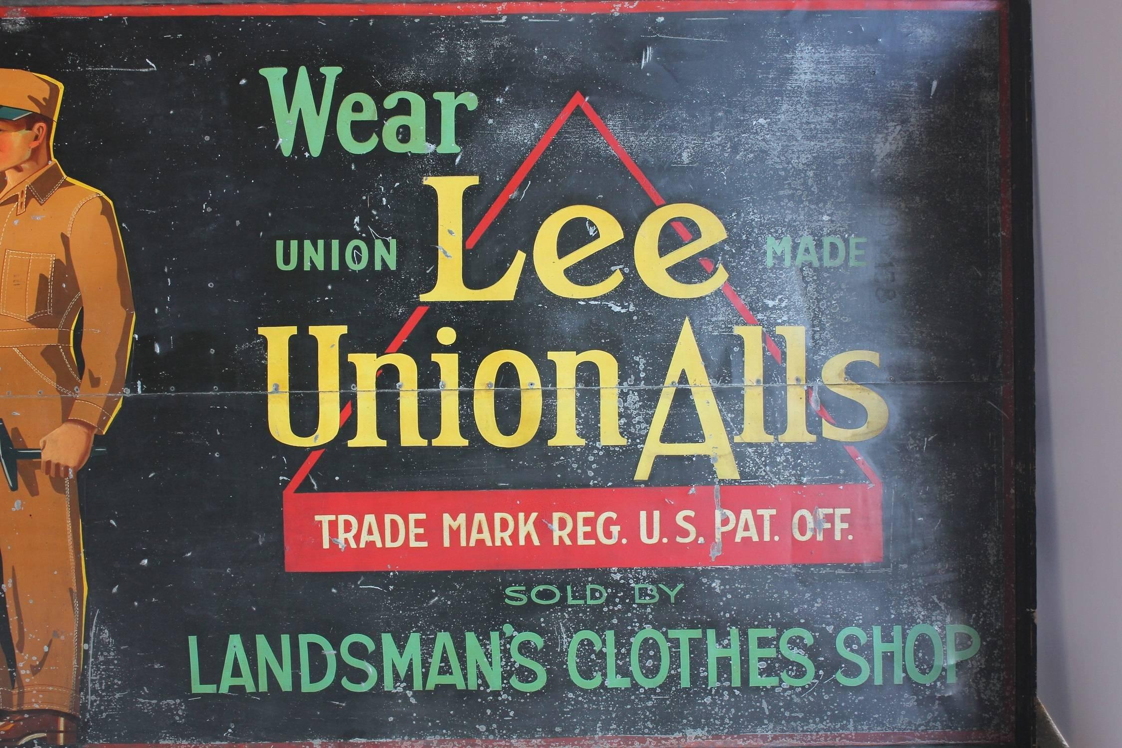 Large Rare 1920s Hand-Painted Tin Sign "Wear Lee Union Alls" at 1stDibs