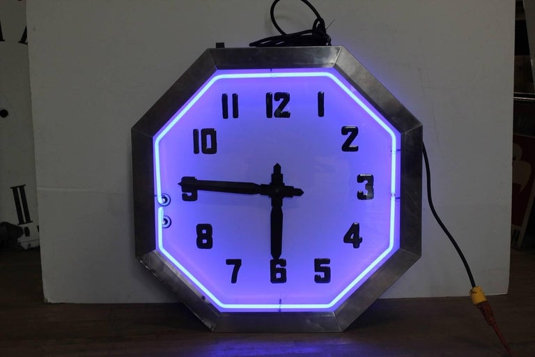 Large American Double-Sided Chrome Neon Clock, 1930s at 1stDibs