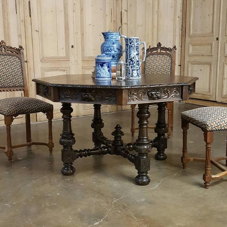 19th Century French Renaissance Octagonal Hand-Carved Oak Game Table w ...