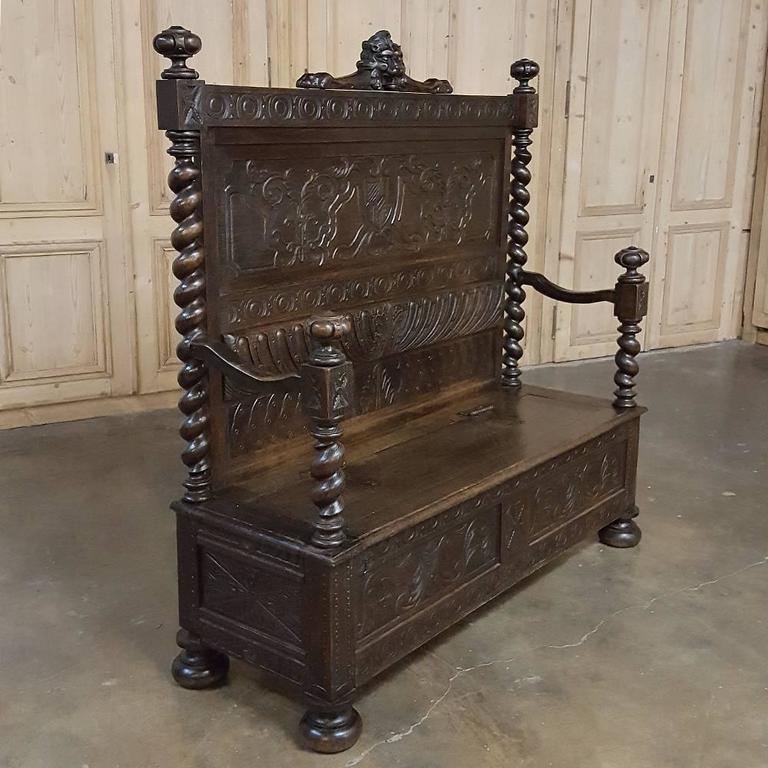 19th Century French Renaissance Hand-Carved Oak Hall Bench, circa 1850s ...