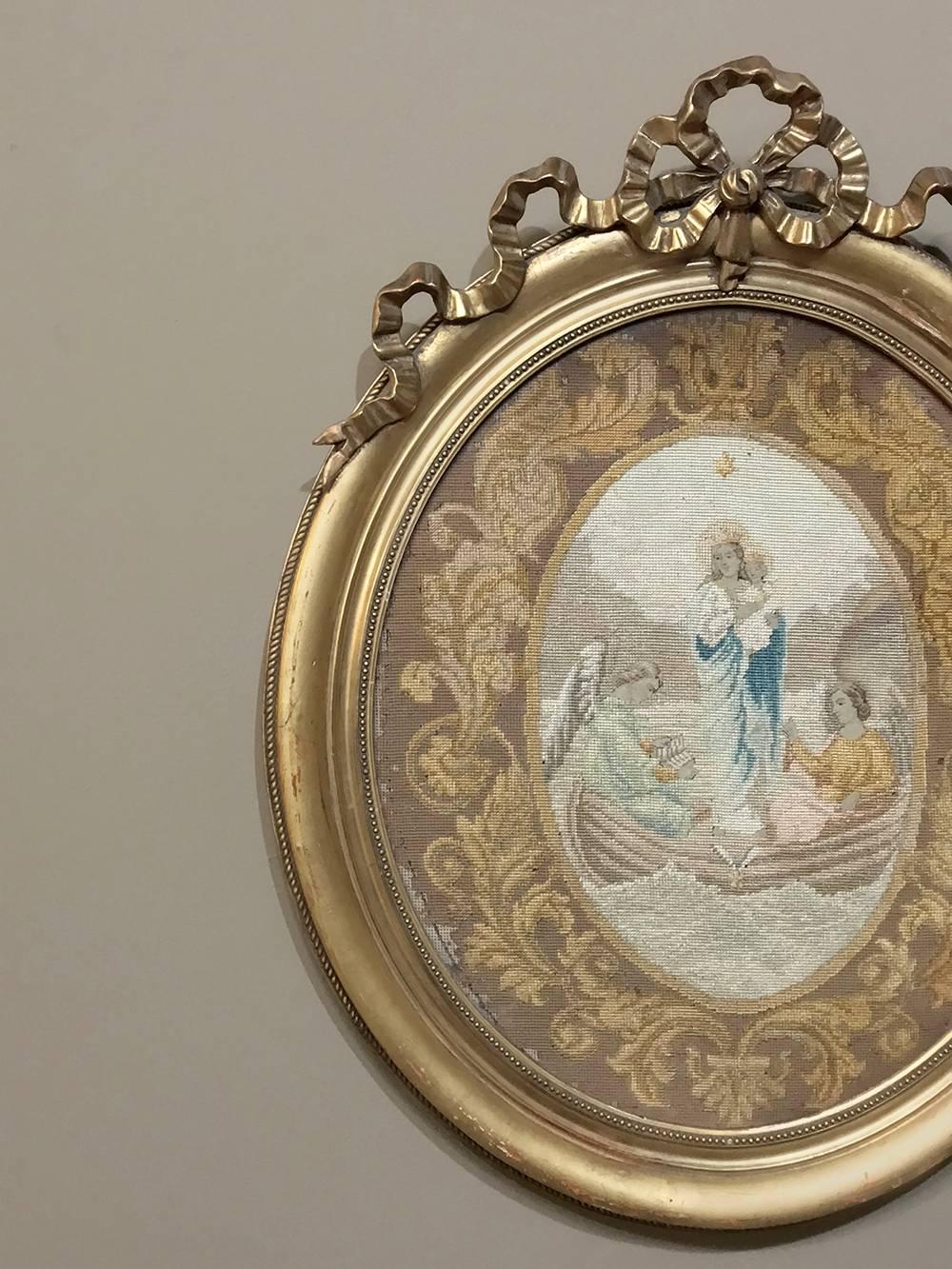 19th Century Petite Point and Needlepoint Giltwood Framed Tapestry For ...