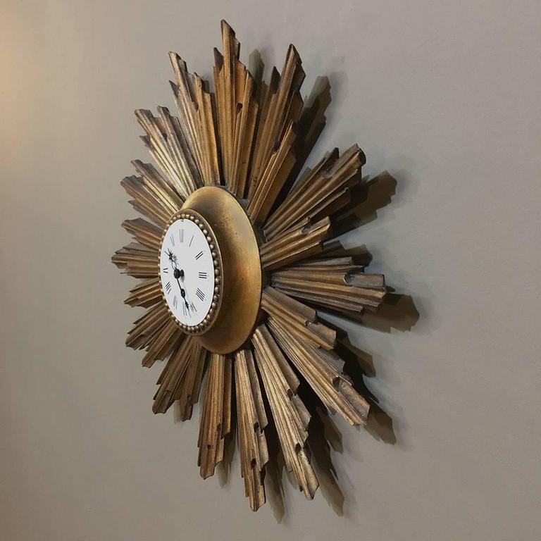 Mid-Century Carved Wood French Gilt Wood Sunburst Wall Clock at 1stDibs