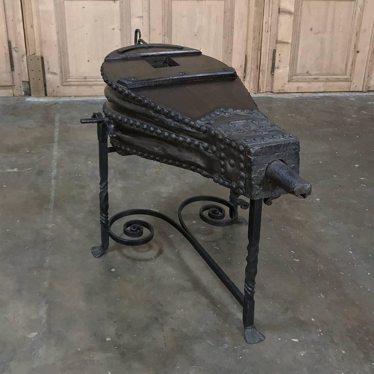 19th Century Forge Bellows on Wrought Iron Stand at 1stDibs