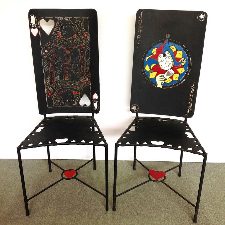 Painted Iron Playing Card Chairs Joker and Queen of Hearts For Sale at ...