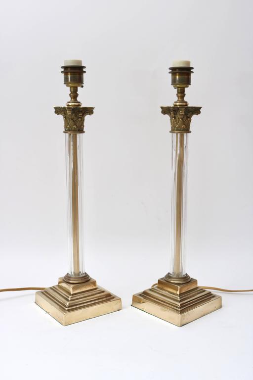 Pair of Bronze and Crystal Column Form Table Lamps For Sale at 1stDibs