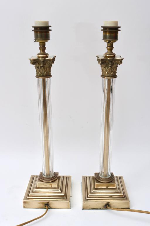 Pair of Bronze and Crystal Column Form Table Lamps For Sale at 1stDibs