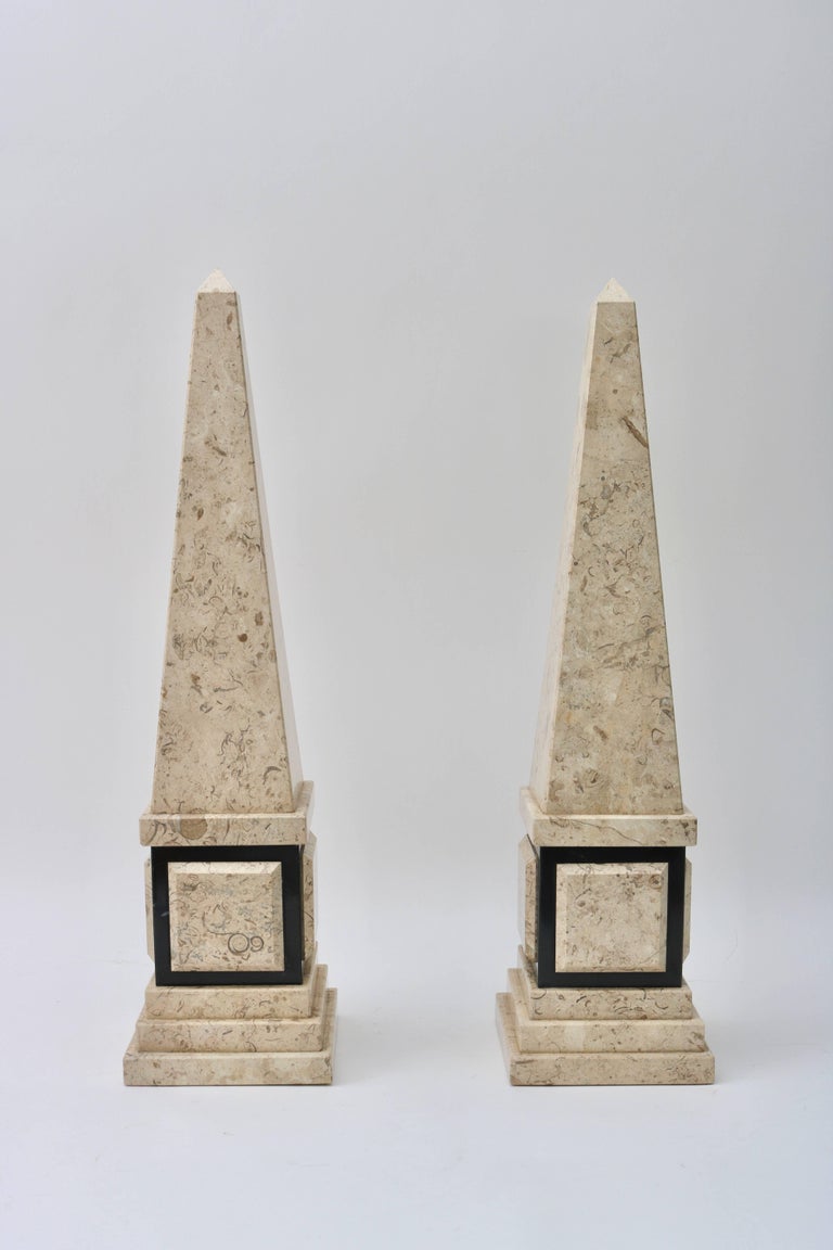 Pair of Marble Obelisk in Tan and Black at 1stDibs