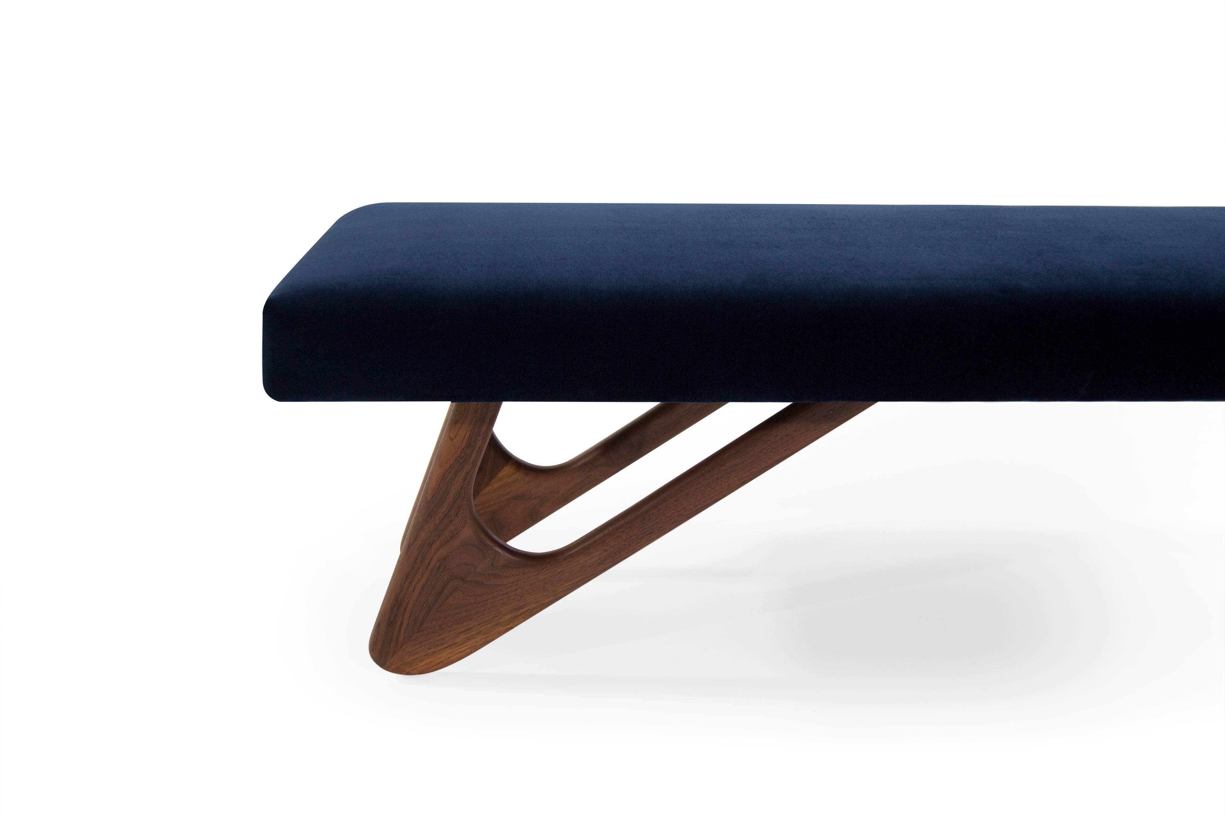 Walnut Boomerang Bench in Navy Velvet at 1stDibs