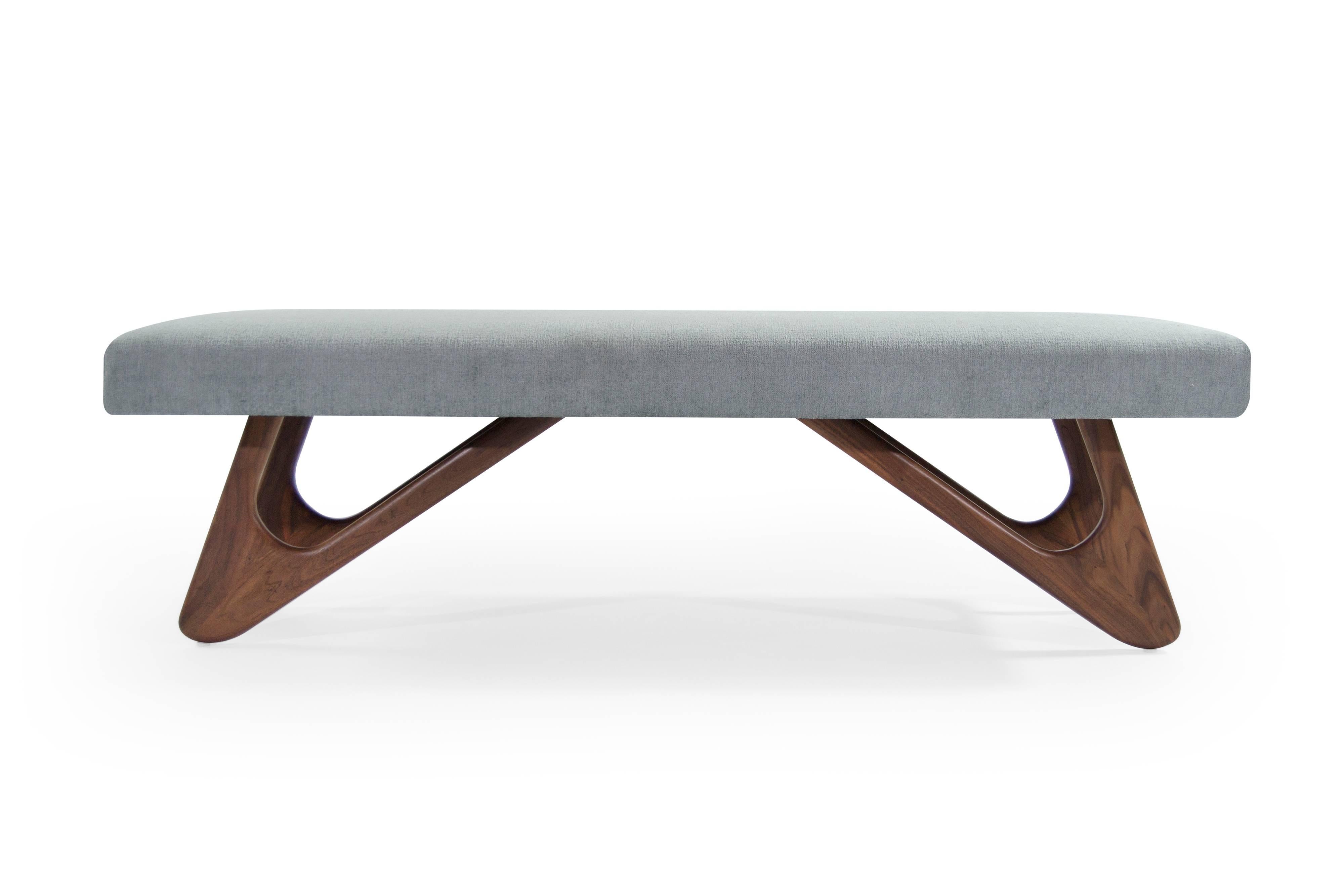 Walnut Boomerang Bench in Grey Chenille at 1stDibs