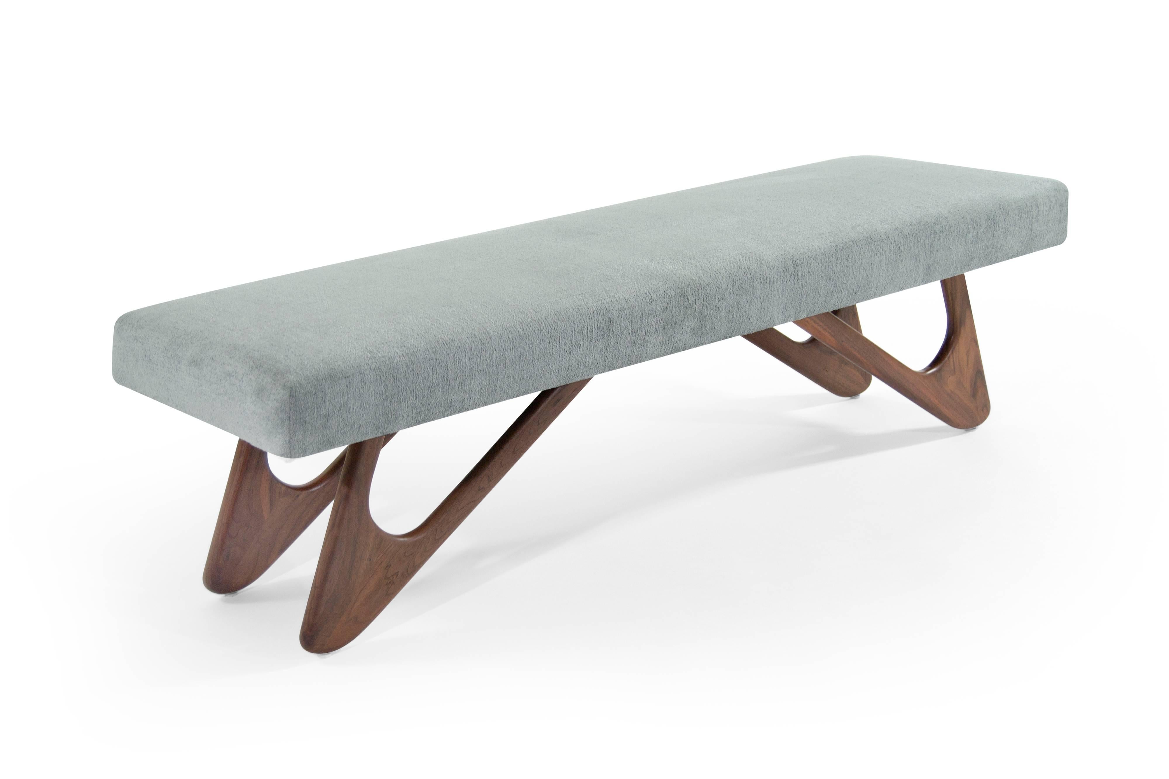 Walnut Boomerang Bench in Grey Chenille at 1stDibs