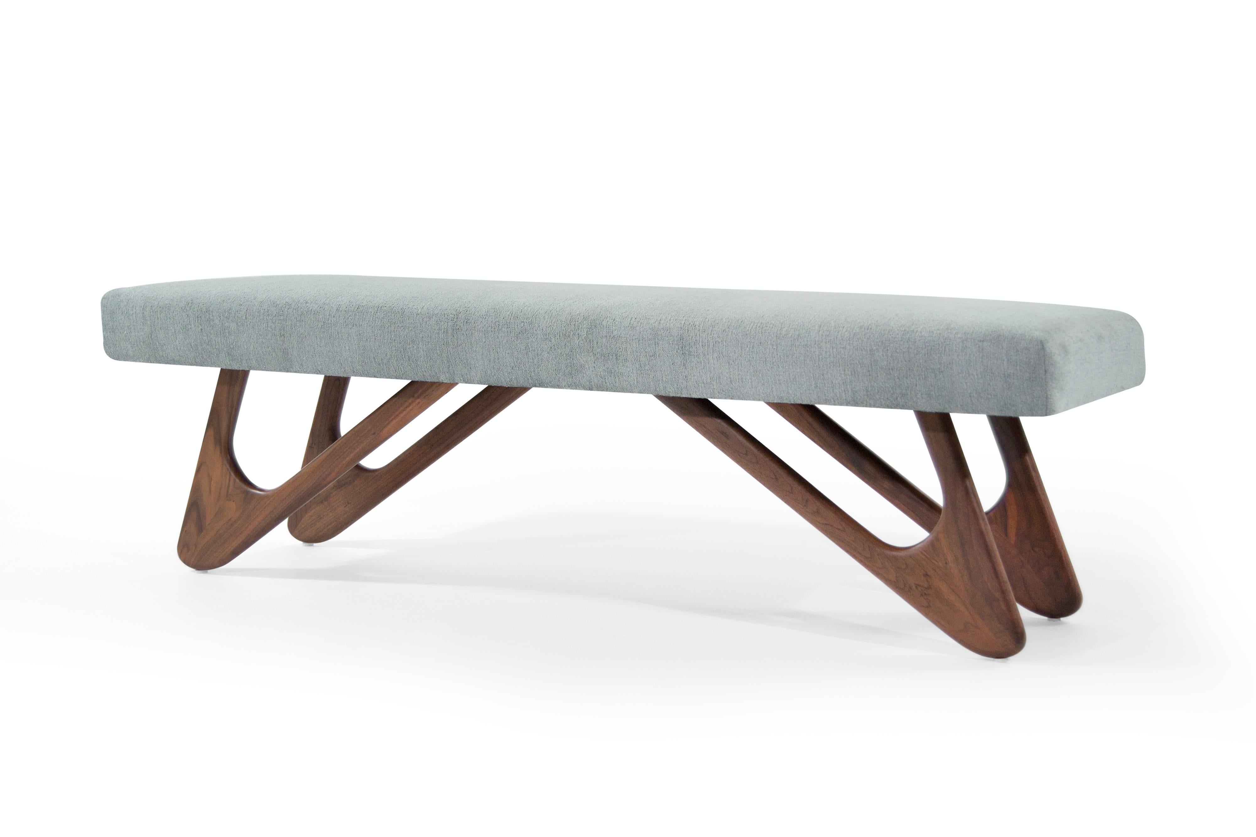 Walnut Boomerang Bench in Grey Chenille at 1stDibs