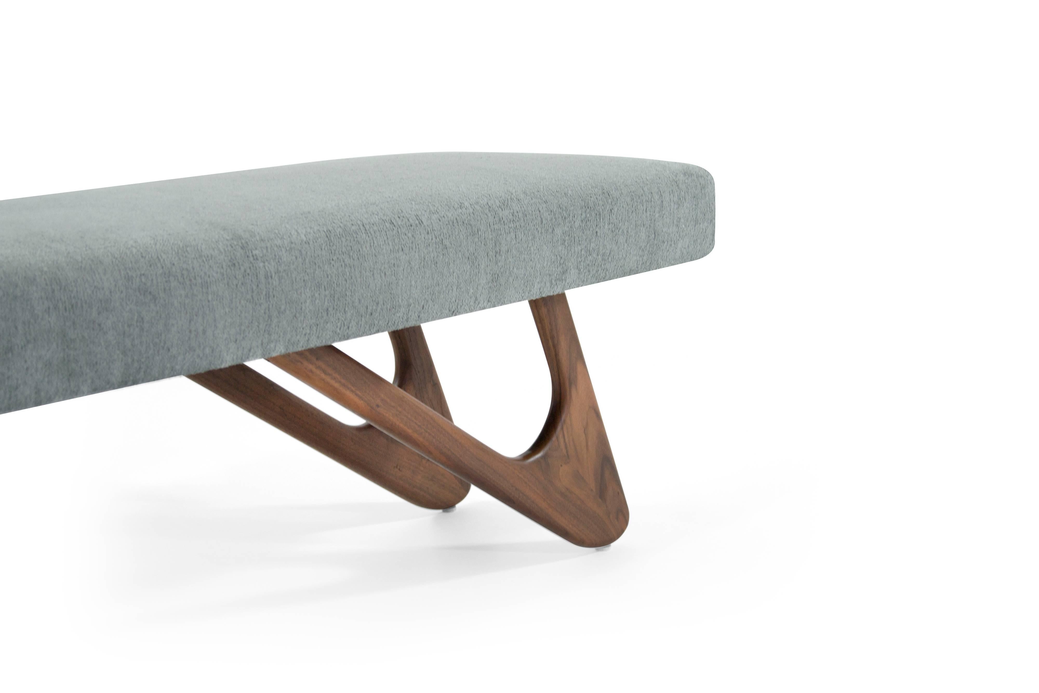 Walnut Boomerang Bench in Grey Chenille at 1stDibs