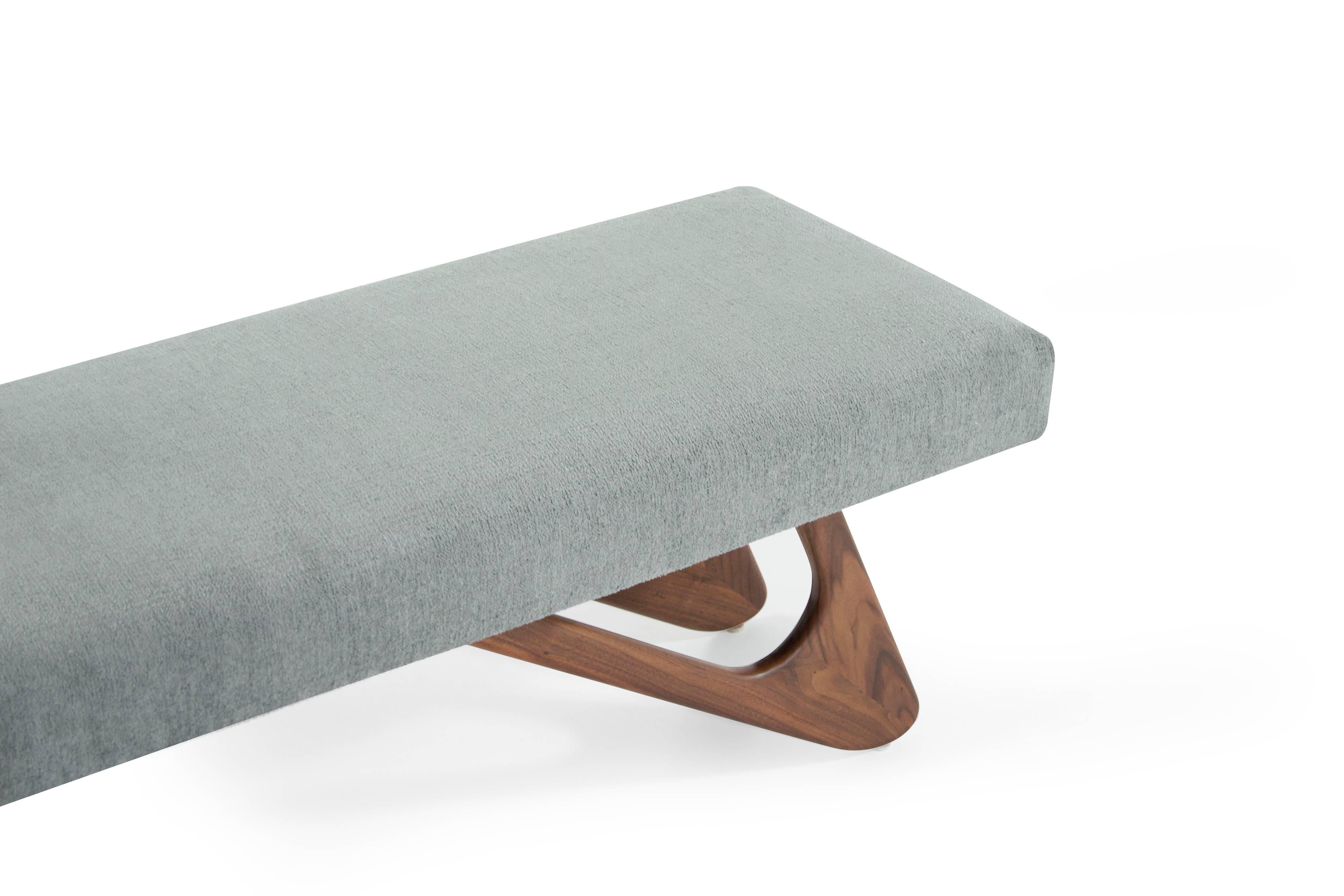 Walnut Boomerang Bench in Grey Chenille at 1stDibs