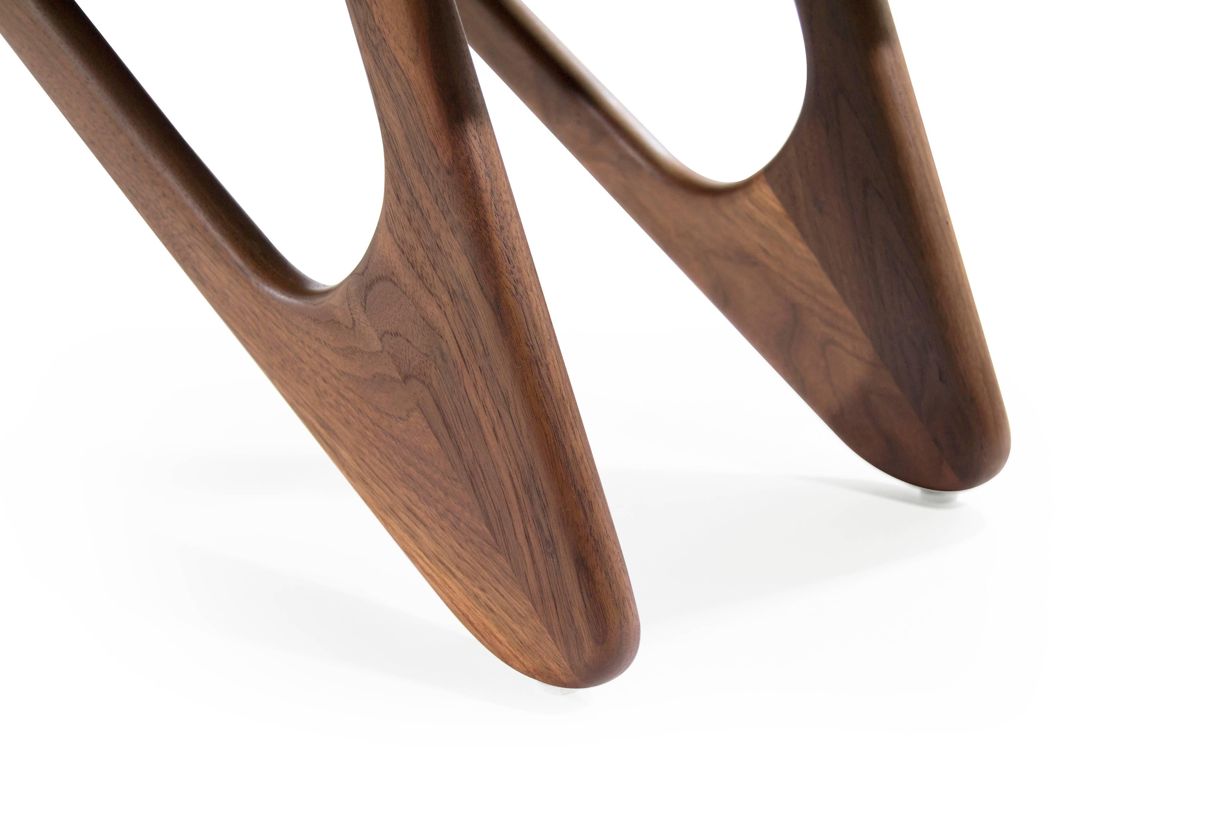 Walnut Boomerang Bench in Grey Chenille at 1stDibs