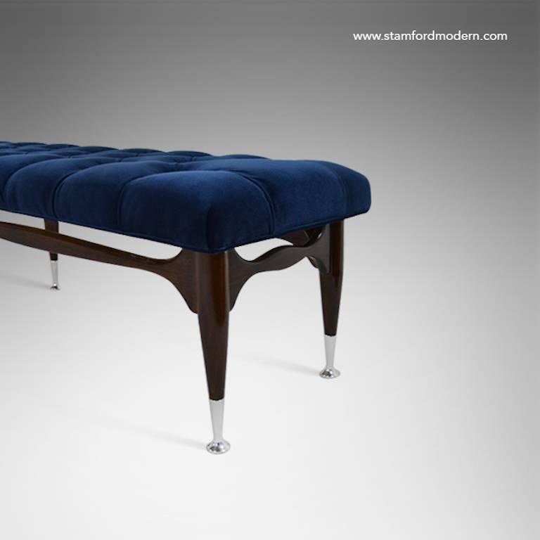 Mid-Century Sculptural Tufted Bench in Navy Blue Velvet at 1stDibs