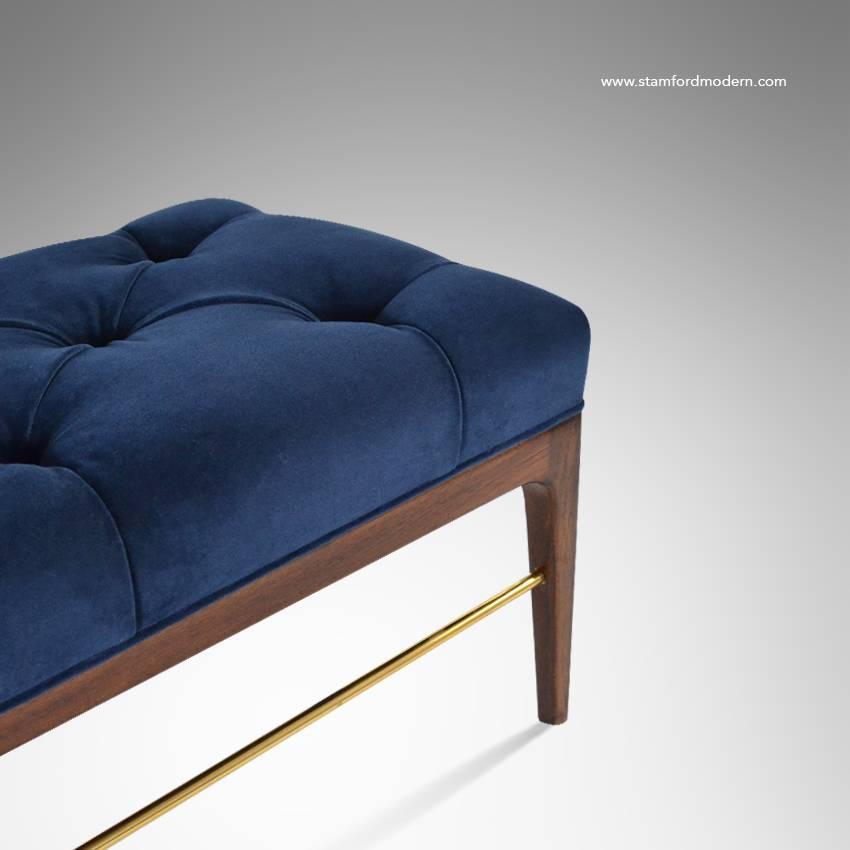 Brass Rodded Bench in Tufted Blue Velvet at 1stdibs