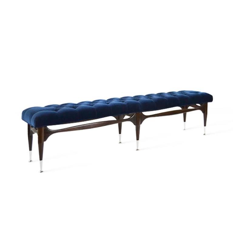 Midcentury Sculptural Tufted Bench in Navy Blue Velvet For Sale at 1stDibs