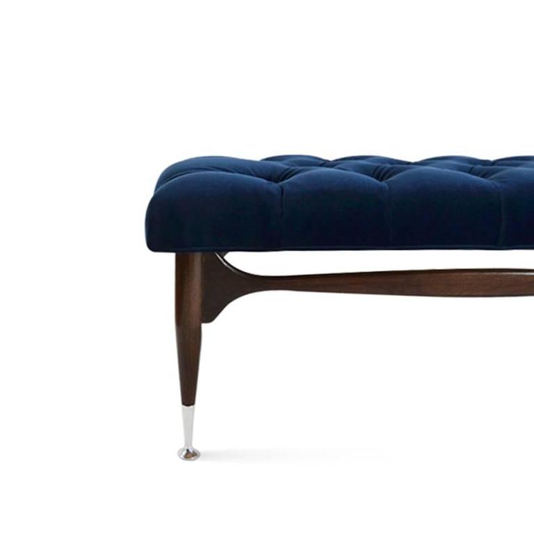 Midcentury Sculptural Tufted Bench in Navy Blue Velvet For Sale at 1stDibs
